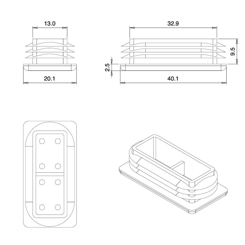Tappo rettangolare extra-piatto - Nero Bianco - Ajile